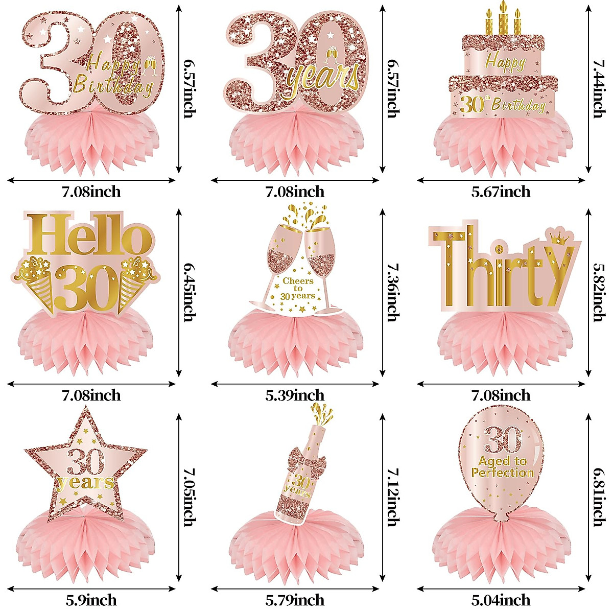 Turypaty Pink Rose Gold 30th Birthday Honeycomb Centerpieces Decorations for Women, 9Pcs Rose Gold Happy 30th Birthday Table Centerpieces Party Supplies, Thirty Year Old Birthday Table Toppers Decor