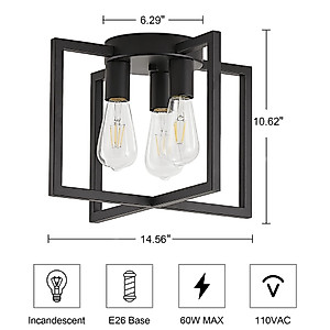 Bosomfr 3-Light Ceiling Light Fixture, Black Semi-Flush Mount Chandelier with Geometric Metal Shade, Farmhouse Industrial Lighting for Kitchen Living Room Bedroom Hallway Foyer, E26 Base