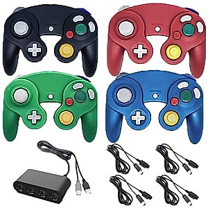 4 Controllers for Gamecube with 4 Extension Cables and 4-Port USB Adapter for Switch PC Wii U Console (Black+Blue+Red+Green)