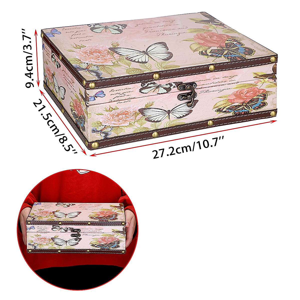 ELLDOO Butterfly Treasure Chest Box, Wooden + PU Leather Storage Decorative Box for Jewelry Trinkets Photos, Rectangular Keepsakes box for Girls Women Gifts
