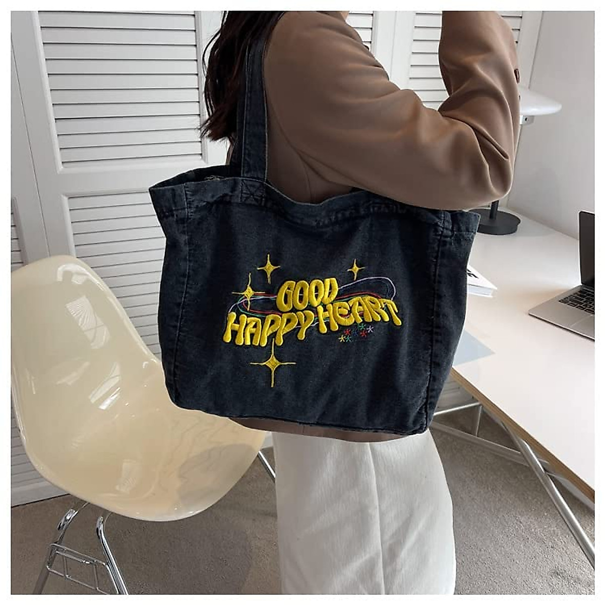 Retro Y2K Denim Shoulder Bag, Hobo Crossbody School Bag, Aesthetic Handbag Fairy Grunge Tote Bag (black)