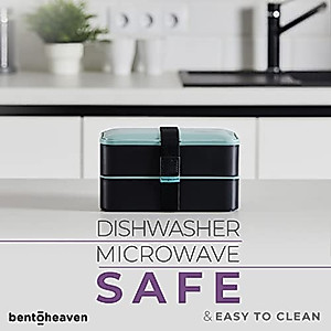 Bentoheaven Premium Bento Box Adult Lunch Box with 2 Compartments (40oz), Cutlery & Set of Chopsticks, Large Dip Container, Cute Black Japanese Bento Box, Rectangle, Microwavable (Billie Green)