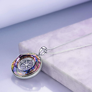 AOBOCO Compass Necklace Sterling Silver Circle Pendant Necklace with Color-Changed Crystal, Graduation Jewelry Gift for Women