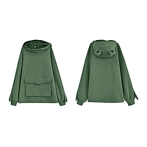 Women's/Girl's Cute Frog Hoodie Pullover Zipper Mouth Hooded Sweatshirt with Large Front Pocket Dark Green Large