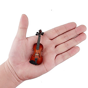 Dselvgvu Wooden Miniature Violin with Stand, Bow and Case Mini Musical Instrument Violin Replica Collectible Figurines Dollhouse Accessories Model Home Decoration Display Ornament (3.15"x1.18"x0.59")