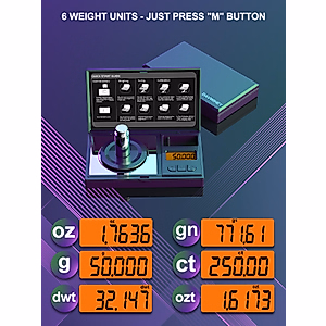 Milligram Scale 0.001 Gram Accuracy | 50g Precision Pocket Digital Scale for Reloading Powder Capsule Supplement Medicine Jewelry Gold Coins | 6 Units - g oz ct ozt DWT gn | Dazzling Green & Purple