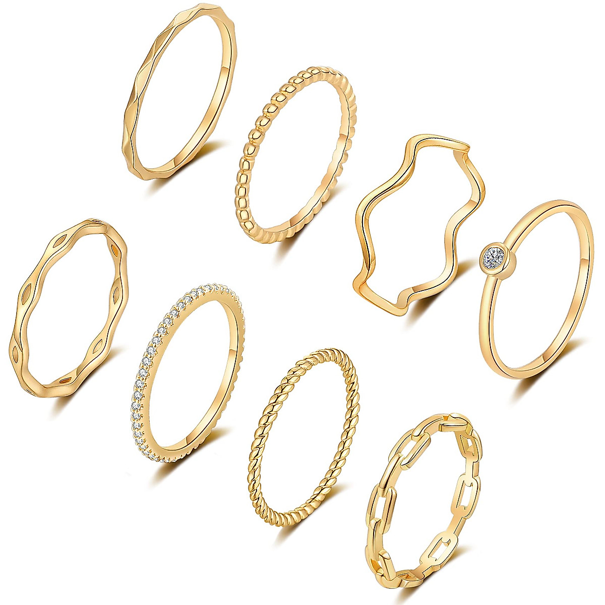 FUNEIA 8PCS 14K Gold Plated Stacking Rings for Women Simple Dainty Silver Stackable Knuckle Thumb Rings Set Cubic Zirconia Thin Plain Band Wedding Promise Eternity Statement Rings Size 4-12