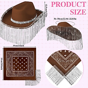 Pasimy Rhinestone Cowgirl Cowboy Hat and Bachelorette Bandanas Set Bling Diamond Fringe Hat for Women Men Cosplay Costume (Black)