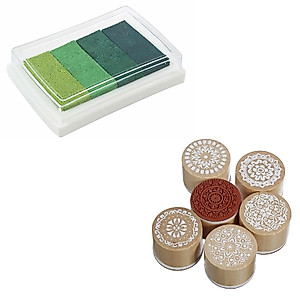 ESSISH Inkpad Craft Multi Gradient Green 4 x Colors Ink Stamp Pad Oil Based with 6 Assorted Wooden Rubber Stamp