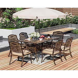 TITIMO Cast Aluminum Patio Dining Set 7-Piece with Cast-Top Table and Chairs with Cushions,Outdoor Furniture Set for Backyard Porch Pool (6 Love Chairs+Rect Table+Khaki Cushions)