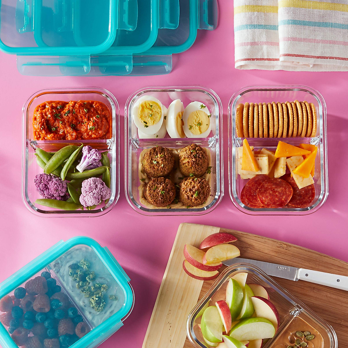 Pyrex Mealbox 10-Pc Bento Box Set, 2.3-Cup Divided Glass Food Storage Containers Set, Non-Toxic, BPA-Free Latching Lids, Freezer, Microwave and Top-Rack Dishwasher Safe, Compartment Bento Lunch Box