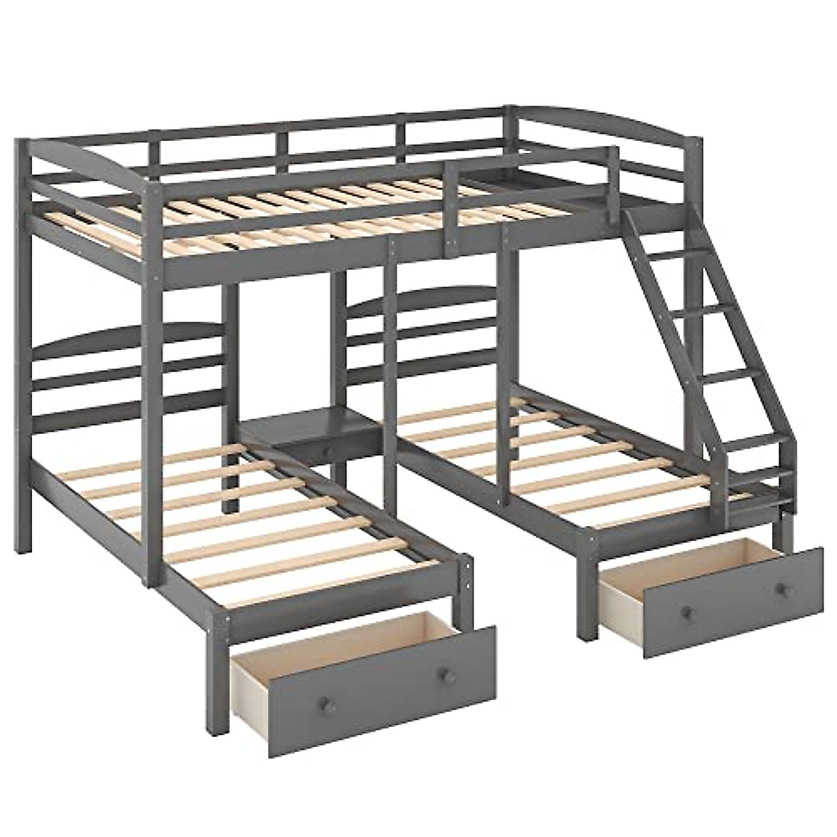 KoiHome Full Over Twin & Twin Bunk Bed with Full-Length Guardrail,Triple Bunk Bed with Built-in Drawers and Solid Slat Support for Teens Bedroom,Space-Saving Design, No Box Spring Needed, Grey