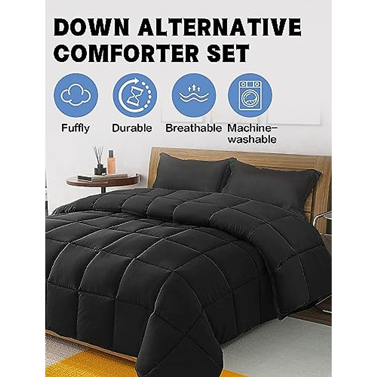 ZHGANLO Queen Comforter Set -3 Pieces Black Comforter Set for Queen Size Bed, Quilted Bedding Sets Queen for All Season, Bed in a Bag with 1 Comforter and 2 Pillowcases