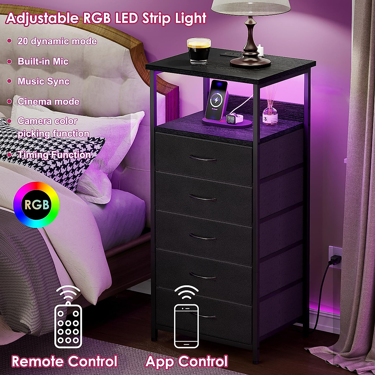 Fixwal Tall Nightstand with Charging Station and LED Lights, Night Stand with PU Finish Fabric Storage Drawers, 5 Drawer Dresser, Black