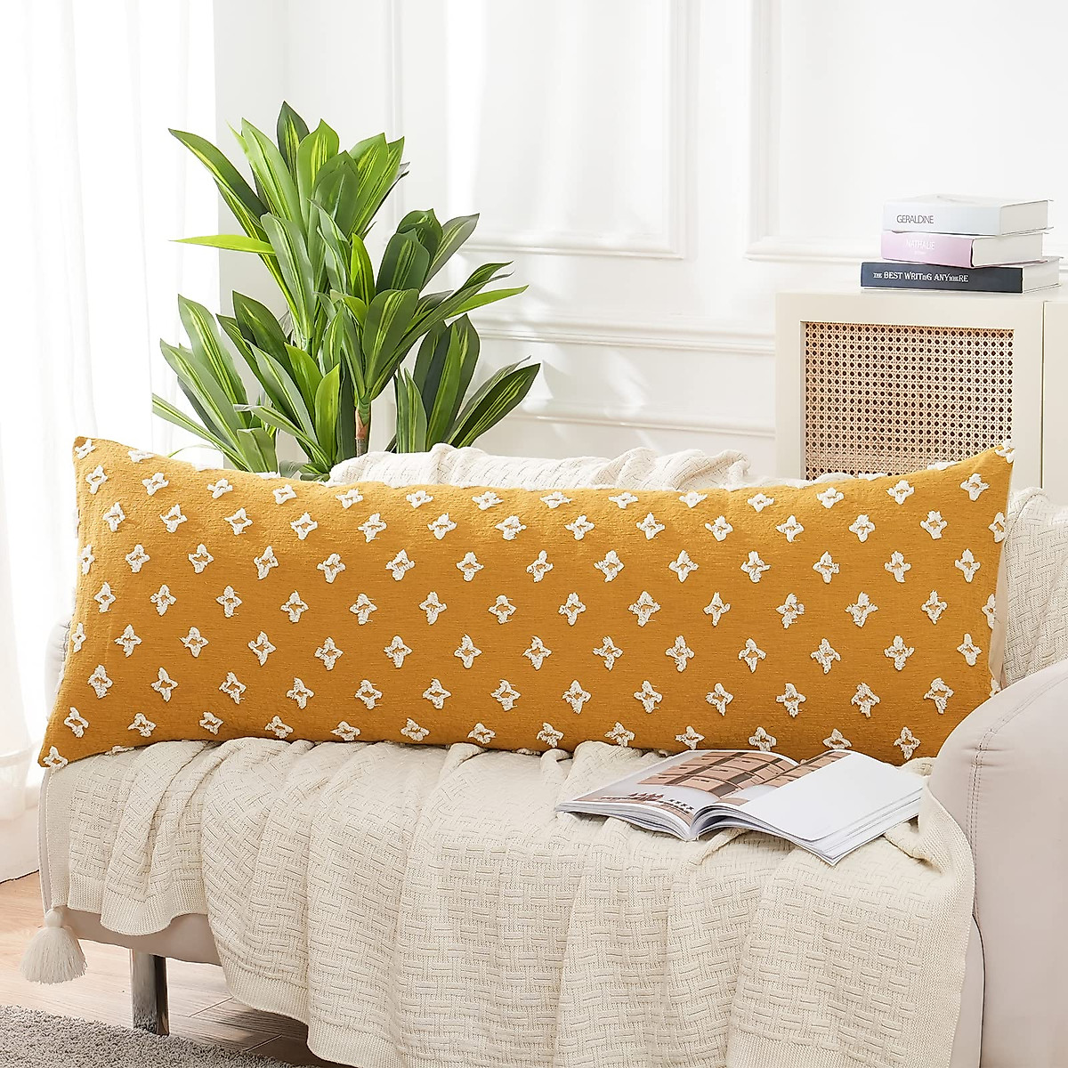 Boho Body Pillow Cover Tufted Yellow Long Pillowcase for Couch Bed Shabby Chic Jacquard Geometric Diamond Texture Bohemian Room Decor Decorative Body Pillowcase Cotton