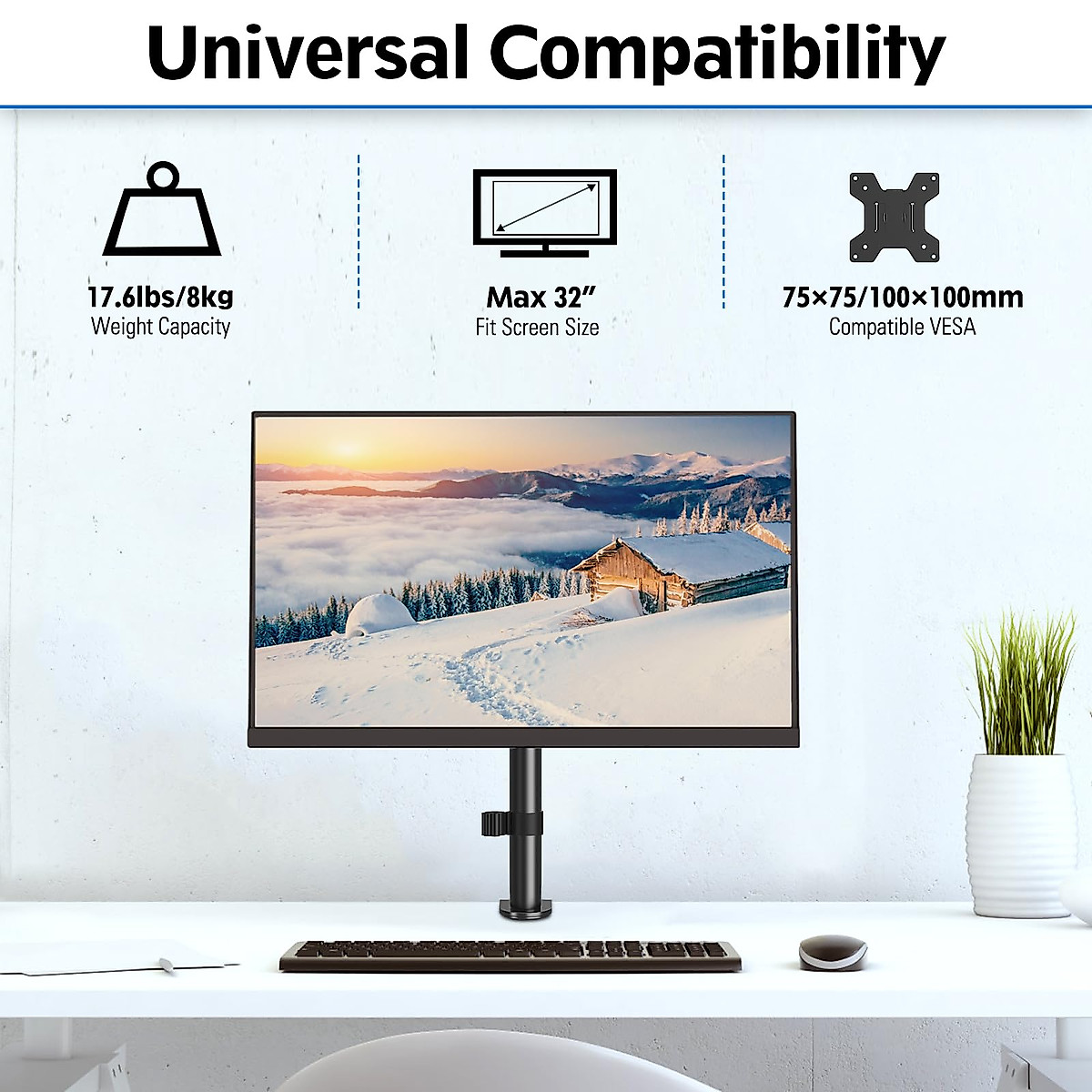 MOUNTUP Single Monitor Mount, Adjustable Monitor Stand for Max 32 Inch Flat Curved Computer Screen, Monitor Arm Desk Mount Fit VESA 75x75& 100x100, up to 17.6lbs, with C-Clamp and Grommet Base, Black