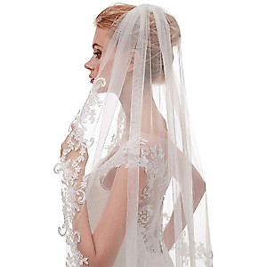 EllieHouse Womens Short Fingertip Length 1 Tier Lace Ivory Wedding Bridal Veil with Metal Comb L69IV