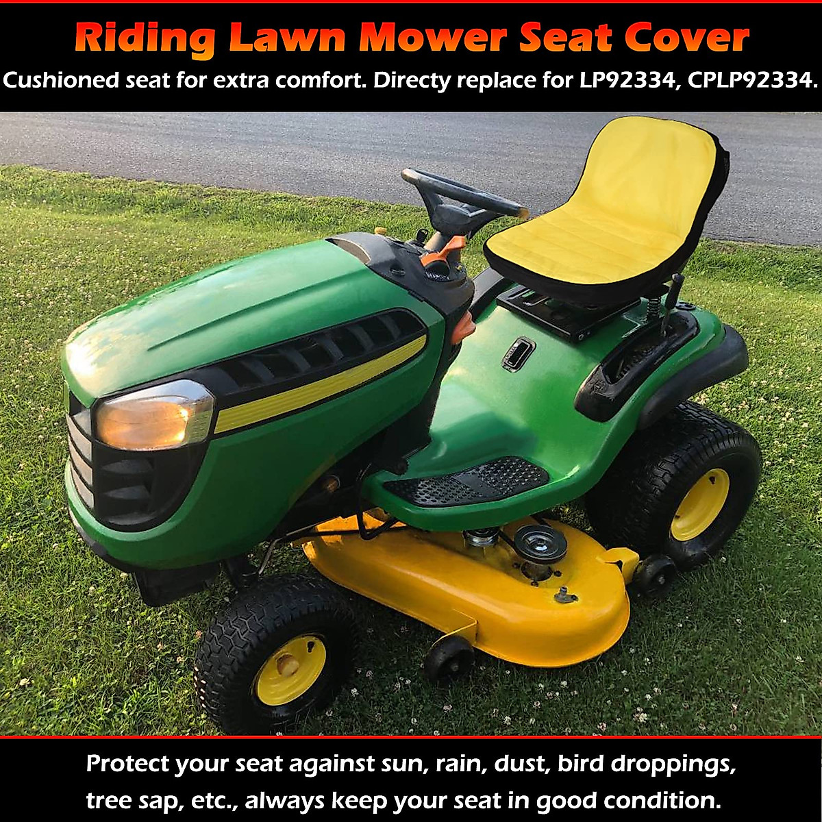 Upgrade Large Seat Cover LP92334, Riding Lawn Mower Cushioned Waterproof Seat Cover up to 18" High Perfectly Fits for John Deere Mower & Gator Seats, Comes with Convenient Storage Pouch
