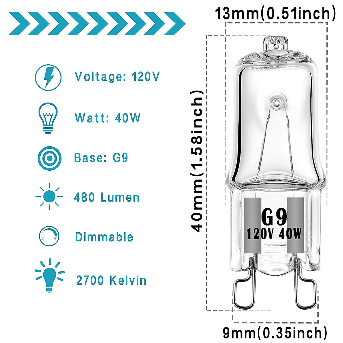 YBEK G9 Halogen Bulb 40W 120V T4 JCD Type G9 Base 2 Pin Light Bulb Dimmable Warm White (Pack of 12)