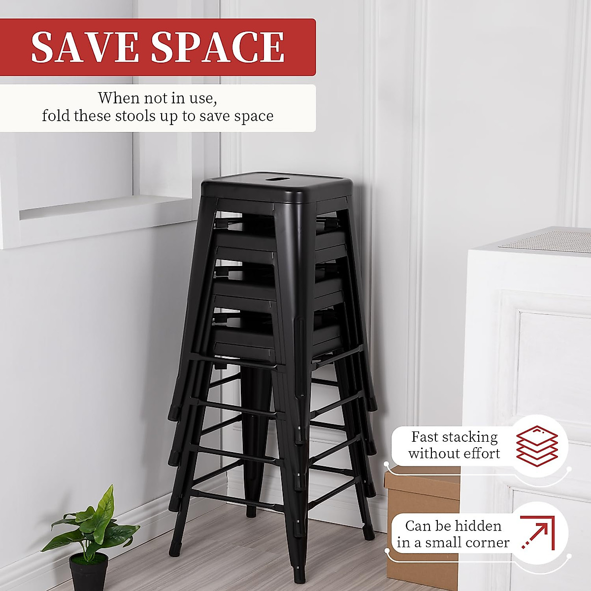 FDW Metal Bar Stools Set of 4 Counter Height Barstool Stackable Barstools 24 Inch Indoor Outdoor Patio Bar Stool Home Kitchen Dining Stool Backless Bar Chair