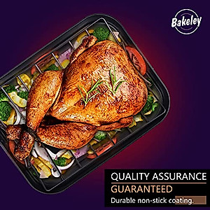 Bakeley Roasting Pan, Nonstick Roaster Pan with Rack, Turkey Roasting Pan with V Rack, 17 Inch x 13 Inch, Black