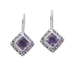 NOVICA Artisan Handmade Amethyst Drop Earrings Unique Sterling Silver Purple Indonesia Birthstone [1 in L x 0.6 in W x 0.2 in D] ' Ubud Goddess'
