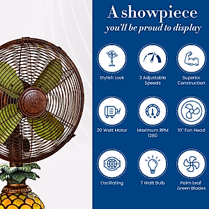 DecoBREEZE Oscillating Table Fan with Lamp, 3-Speed Portable Fan, Pineapple, Mosaic Glass Antique Fan and Lamp, 10 inches