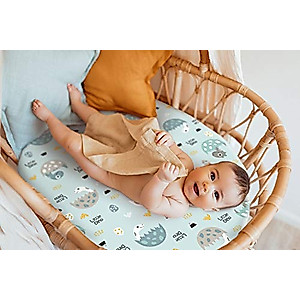 GRSSDER Stretchy Ultra Soft Fitted Bassinet Sheet Set 2 Pack, Universal Fit for Bassinets Baby Cradle Moses Basket Oval Rectangle Pad/Mattress, Happy Dinosaurs Bassinet Sheets for Girls and Boys