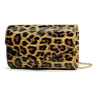 HOXIS Leopard Evening Handbag Women Envelope Clutch Patent Leather Glossy Purse with Shoulder Chain Strap (Brown Leopard)