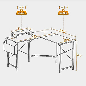 CubiCubi L Shaped Gaming Desk, 47.2 inch Computer Corner Desk with Monitor Shelf for Home Office Study Writing Workstation, Black