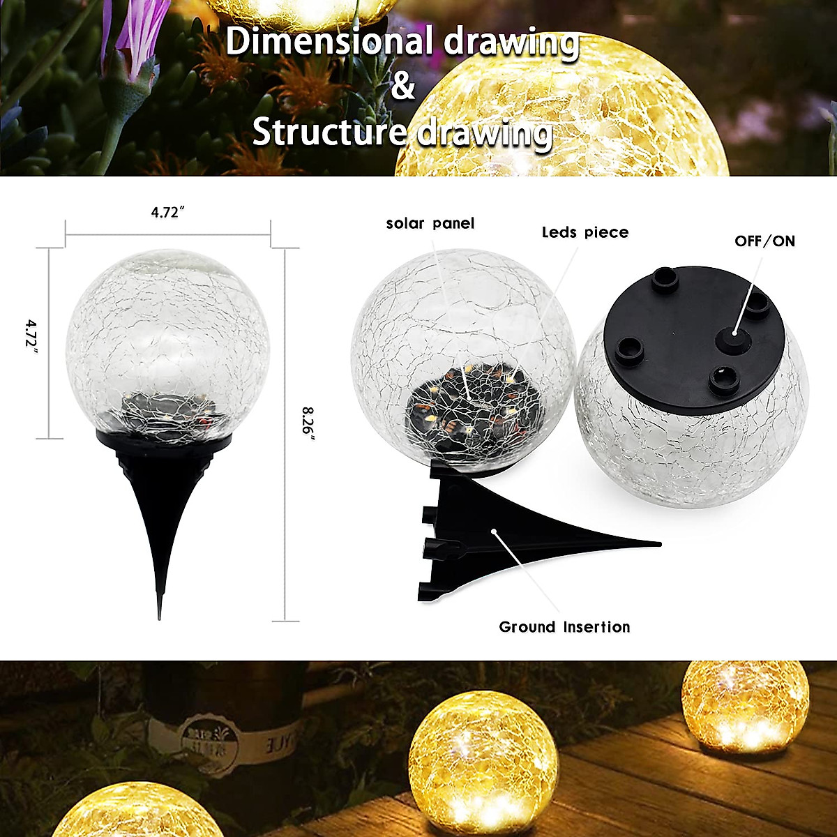 Solar Lights Garden Decorative 2 Packs, Globe Solar Lights, Ball Solar Lights Outdoor Cracked Glass Jar, Waterproof Auto ON/Off Warm White LED for Walkway Patio Yard Lawn Birthday Party Decoration