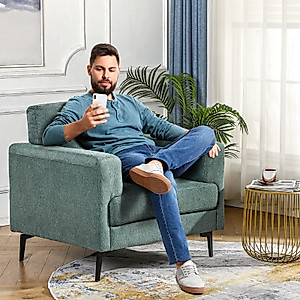 CDCASA Accent Chair, Linen Fabric Oversized Mid Century Modern Chair Set of 1, Comfy Upholstered Armchair Reading Accent Chairs Sofa Chairs for Bedroom Living Room, Green