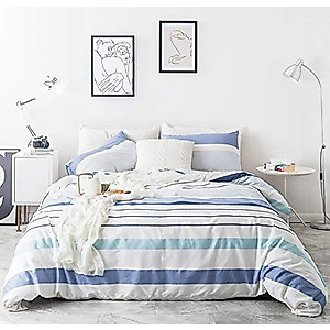 SUSYBAO Blue Striped Duvet Cover King 100% Cotton White Striped Duvet Cover 3 Pieces Set 1 Geometric Striped Duvet Cover with Zipper Ties 2 Pillowcases Luxury Soft Blue Striped Bedding Set Breathable
