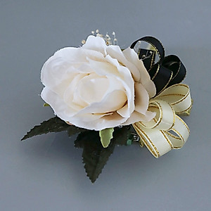 Firlar 2 PCS Wedding Wrist Flower and Mens Corsage, Artificial Ivory Rose Flower Wrist Corsage and Boutonniere Set, Bride Wristlet Band Bracelet and Men Boutonniere Set for Wedding Party Prom Suit