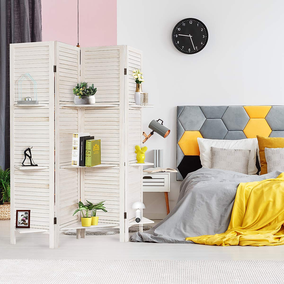 Giantex Room Divider with Shelves, 4 Panel Room Dividers and Folding Privacy Screens, Room Separators Divider Wall, Divider for Room Partition Separation, 5.6Ft Foldable Room Divider Screen, White