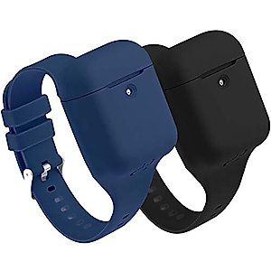 Wrist Band Accessories for AirPods Case Sport Strap Cover Full Protective Silicone Skin Compatible with Apple Airpods 1st and 2nd Wireless Charging Case (Black+Blue)
