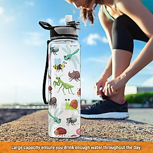 Boccsty Butterfly Bugs Kids Water Bottle with Straw Beetle Dragonfly Ladybug Bee Snail Sports Bottles BPA-Free Tritan Plastic Water Jug for Women Men Gym Outdoors