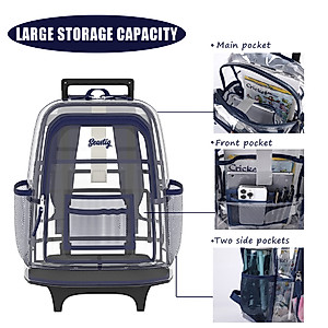 seastig Clear Backpack Rolling Backpack for Kids 18in Double Handle Wheeled Backpack Children Luggage for School, Travel
