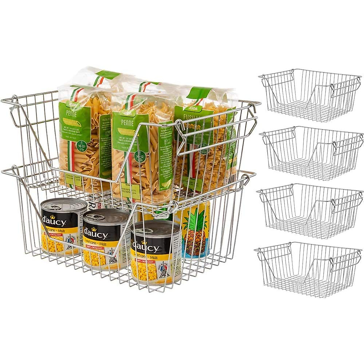 blitzlabs Stackable Wire Metal Baskets Storage Bins Fruit Vegetable Organization Pantry Cabinet Metal Bin for Kitchen Pantry Freezer Cabinet, Set of 6