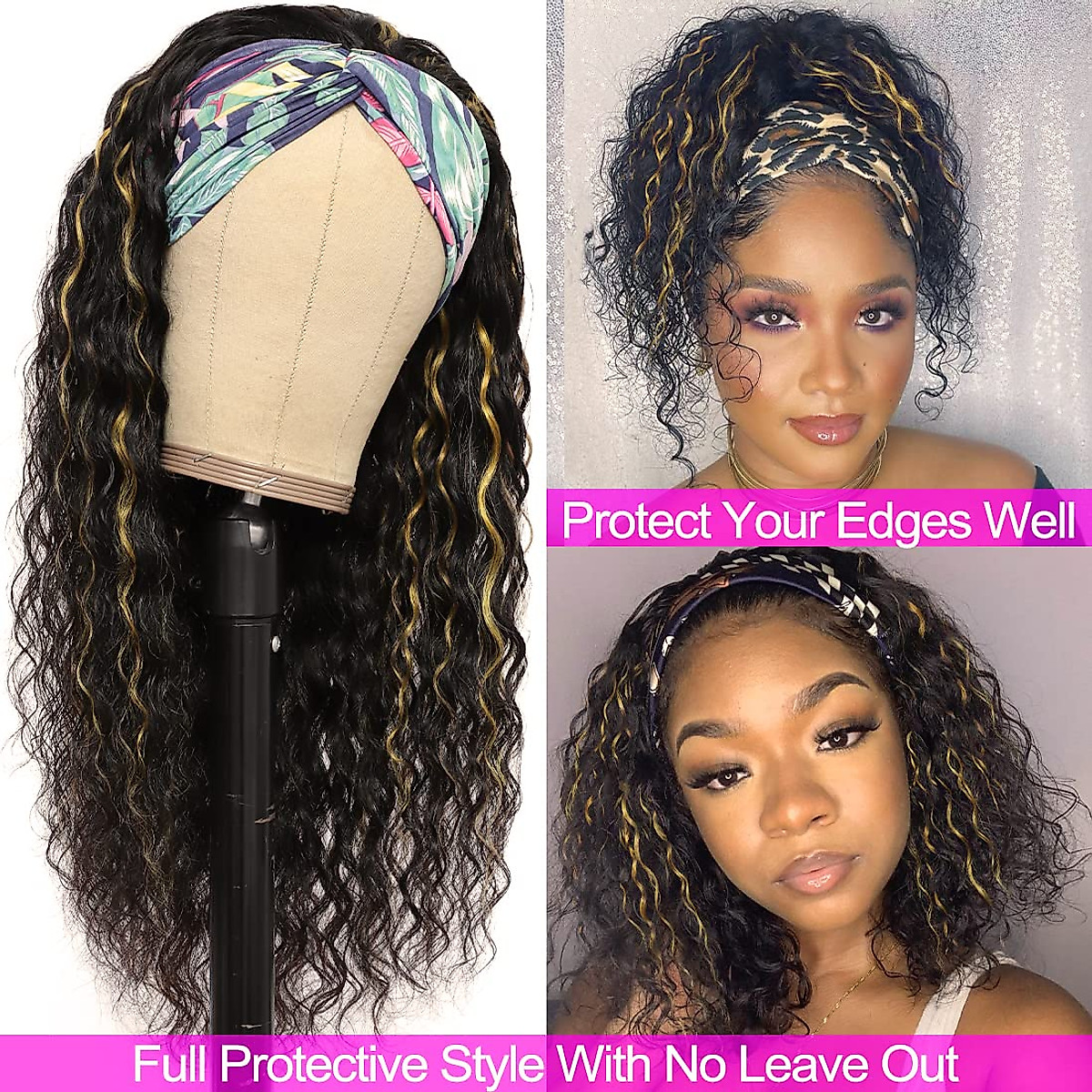 Kkioor Headband Wigs for Black Women 12inch Ombre Highlight P1b/27 Curly Headband Wigs Human Hair 10A Brazilian Remy Glueless None Lace Front Wigs 150% Density Body Curly Half Wigs