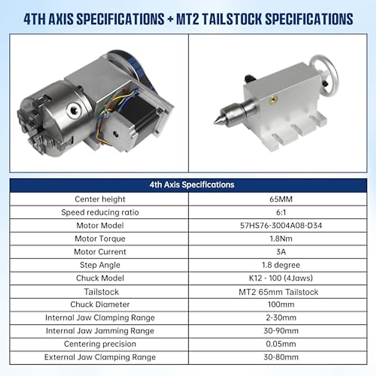 CNCTOPBAOS K12-100mm CNC Router Milling Machine Rotational Axis 4th Axis A axis Rotary Table A axis 100mm 4 jaw chuck dividing head,MT2 65mm Tailstock Reducing ratio 6:1 for CNC Engraving Machine