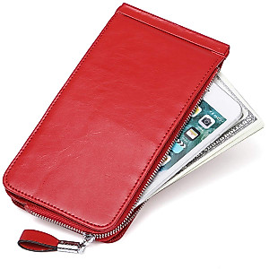Huztencor Women's Credit Card Holder RFID Blocking Oil Wax Leather Multi Card Organizer Wallet Slim Long Zipper Bi-fold Business Card Case Clutch Wallet with ID Window Red (FBA)