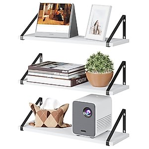 BAMEOS Floating Shelves Rustic Wood Wall Shelf Set of 3, Bookshelf Bathroom Shelf for Living Room, Office, and Bedroom (White)