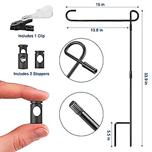 Garden Flag Stand, Premium Garden Flag Holder, Black, Metal Powder-Coated Weather-Proof Paint, with Anti-Wind Clip and Stoppers, for National Flags, Yard Flags, Decorative Signs, Up to 15" in Width
