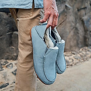 OLUKAI Kipuka Hulu Men's Leather Slippers, Premium Nubuck Leather Slip On Shoes, Shearling Lining & Gel Insert, Drop-In Heel Design, Charcoal/Charcoal, 11