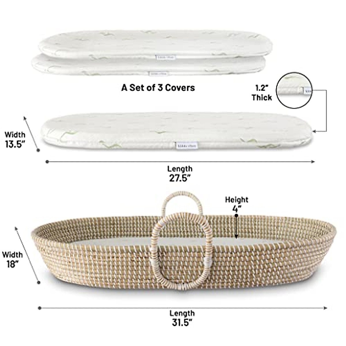 KIDDO VIBES Handwoven Baby Changing Basket with Pad & 3 Waterproof Bamboo Jacquard Covers - Multifunctional CPSC Compliant Organic Seagrass Baby Moses Basket with a Soft Thick Waterproof Changing Pad