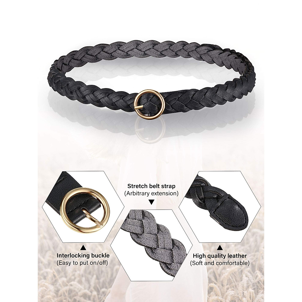 SATINIOR 3 Pcs Women's Braided Leather Belt Skinny Woven Braided Belt O Ring Buckle Leather Belt for Dress Jean Skirt Pant (Black, Brown, Light Brown)