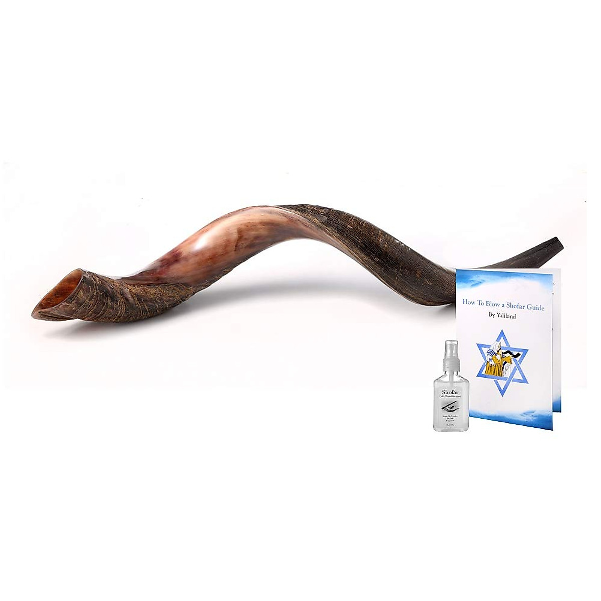Yaliland Shofar Horn Musical Instrument - Kosher Kudu Ram Horns from Israel - Includes Bag, Book Guide, Anti-Odor Spray, 3 Brushes - Use for Religious Ceremonies - 24"-26", Half Polished-Half Natural