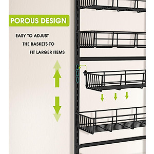 Mefirt Over The Door Pantry Organizer, Pantry Storage and Organization, 6-Tier Adjustable Hanging Baskets, Metal Wall Mount Spice Rack Seasoning Shelves for Home & Kitchen, Laundry Bathroom - Black
