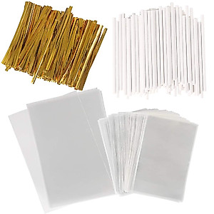 100pcs Small Cake Pop Bags with 100pcs Paper Lollipop Sticks and 110pcs Gold Twist Ties, Clear Cellophane Treat Wrappers and Sucker Sticks Kit